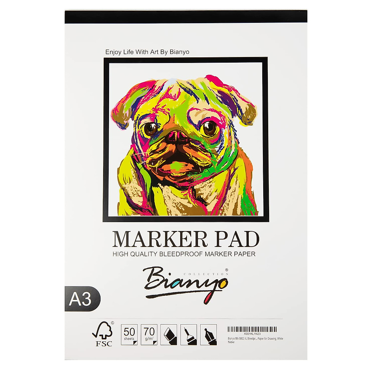 Bianyo XL Bleedproof Marker Paper Pad, A3(11.69"X16.54"), 50 Sheets, 18 LB / 70 GSM, Glue-Bound, 100% Cotton, White, Ideal for Use with Markers and Ink Mediums