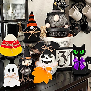 JOICEE Halloween Tiered Tray Decorations, 6Pcs Halloween Wooden Table Sign, Black Cat Ghost Bat Candy Corn Freestanding Table Shelf Farmhouse Rustic Signs for Halloween Home Indoor Décor.