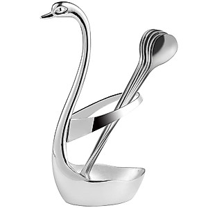 AnSaw Large Silver Swan Base Holder With 12 Pcs Silver Stainless Steel 7.4-Inch Leaf Coffee Spoons Set