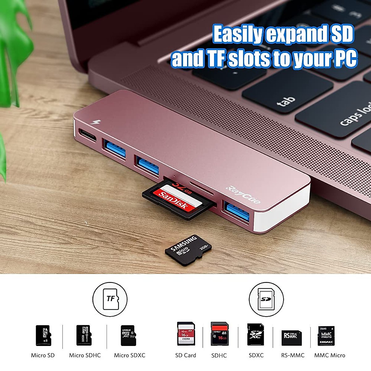 RayCue USB C Hub Adapter for MacBook Pro/Air M1 M2 M3 2023-2016, 6 in-1 USB-C Accessories Compatible with MacBook Pro 13″ and 15″ with 3 USB 3.0 Ports, TF/SD Card Reader, USB-C Power Delivery (Pink)
