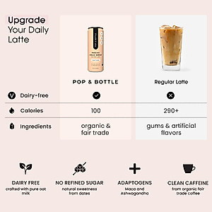 Pop & Bottle, Oat Milk Mocha Lattes - Cold Brew Coffee, Ashwagandha, MCT Oil, Oat Milk, Organic, Dairy Free, Gluten Free, Vegan, Great as Iced Coffee, Lightly Sweetened with Dates - 8 Fl Oz (12 Pack)
