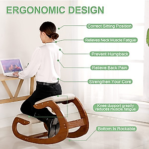 Predawn Ergonomic Kneeling Chair,Rocking Knee Chair Upright Posture Chair for Home Office Meditation Wooden & Linen Cushion-Office Chair for Back Neck Pain Relief & Improving Posture (Pecan)