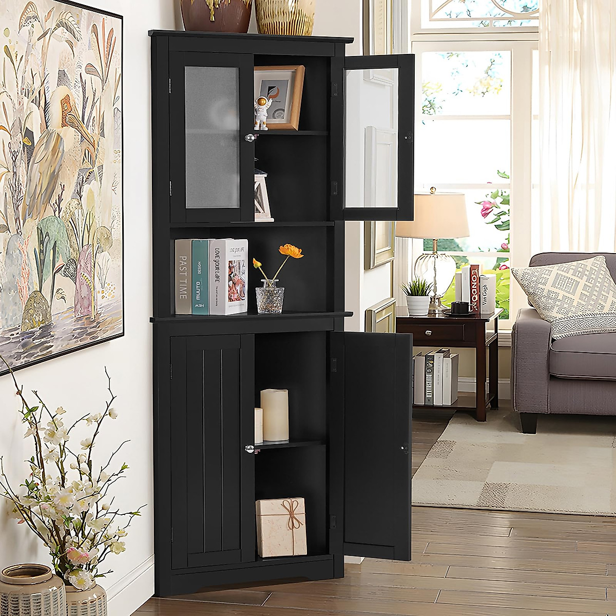 Iwell 63.8" Tall Corner Cabinet with 4 Doors and 5 Storage Shelves, Corner Bathroom Cabinet, Home Space Saver for Bathroom, Living Room, Kitchen, Black