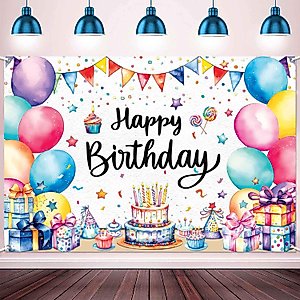 LDWLYW Colorful Happy Birthday Backdrop Banner Birthday Party Decorations Colorful Happy Birthday Sign Photo Backdrop White Indoor Outdoor Birthday Background Banner for Kids Boys Girls 7x5ft
