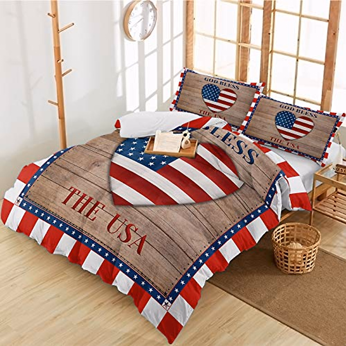 Independence Day Queen Duvet Covers American Flag Love Wood Plank 3-Piece Bedding Sets Luxury Soft Microfiber Bed Comforter Protector with Pillow Cases for Women Men Girl Boy Red White Plaid