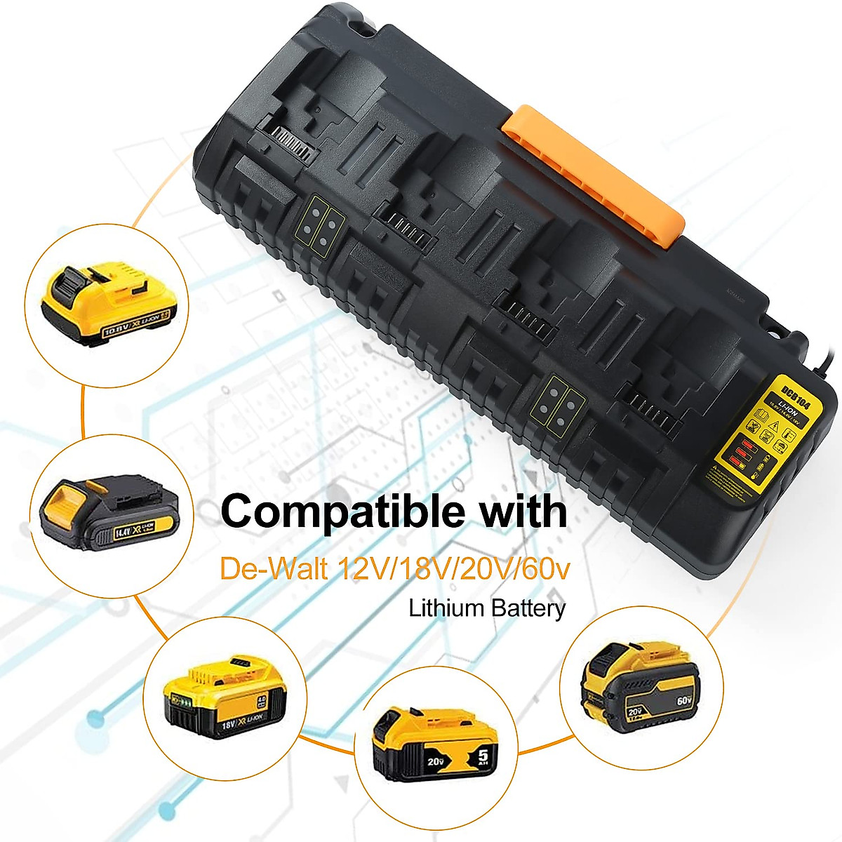 DCB104 Battery Charger Replacement for Dewalt Battery Charger DCB102 DCB118 DCB107 DCB115, 4-Port Battery Charger Compatible with Dewalt 12V 20V Max Li-ion Batteries DCB205 DCB206 DCB207 DCB606 DCB127