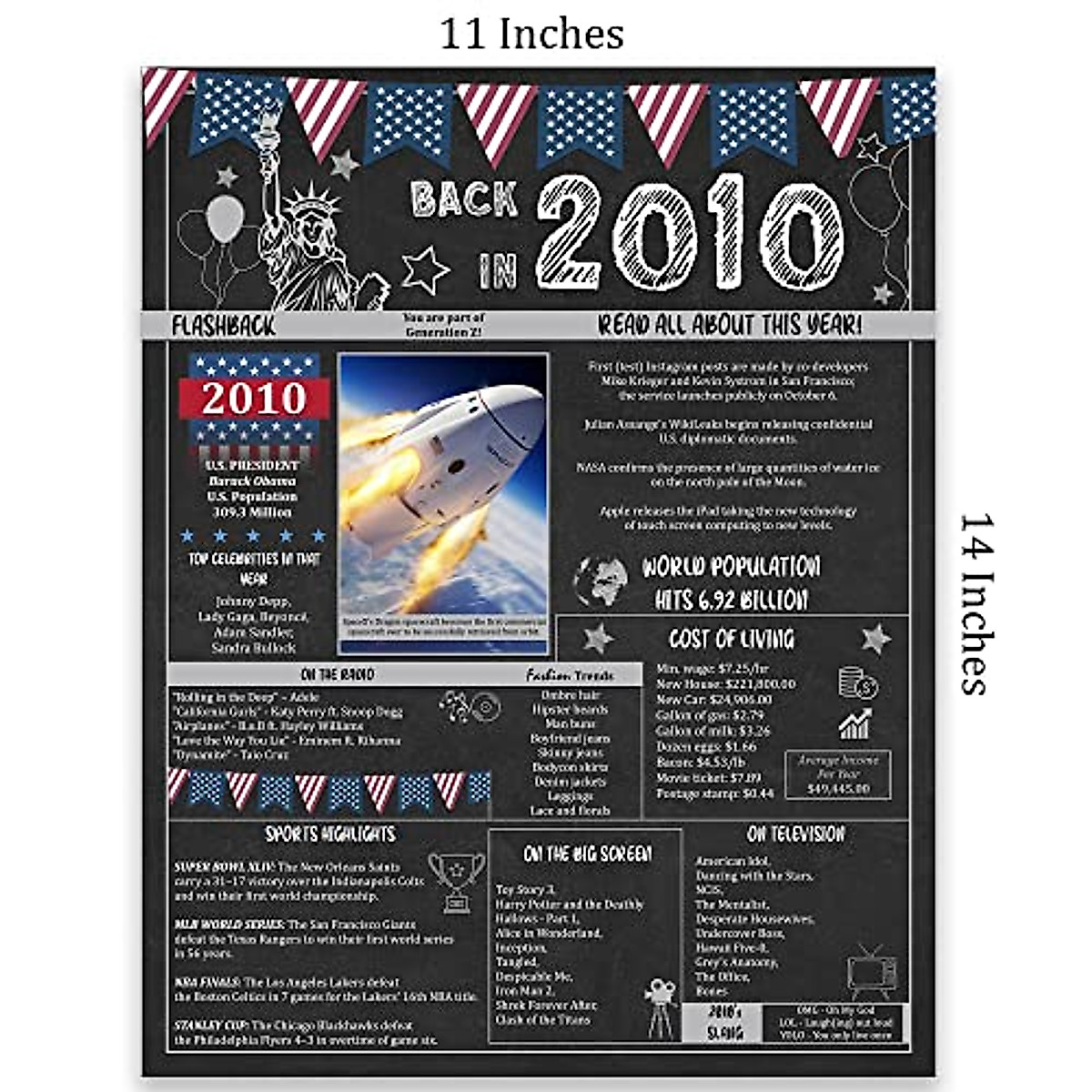 13th Birthday Party Gifts - 13 Years Old Anniversary Poster for Boy or Girl. Back In 2010 Party Supplies. Birthday or Wedding Gift Ideas for Home Wall Decorations. Born 13 Years ago Card 11x14 In