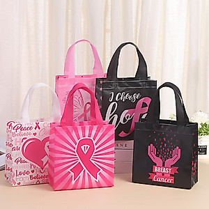 Carriecur 30 pcs Non-Woved Never Give Up Pink Ribbon Paper Bags Breast Cancer Awareness Gift Bags with Handle Pink Ribbon Goodie Bags for Women Breast Cancer Awareness Party Supplies