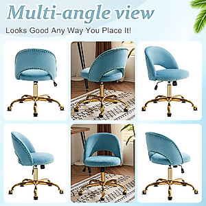 VINGLI Modern Velvet Small Office Chair,Cute Desk Chair with Wheels,Gold Base/Studs, Comfy Armless Swivel Vanity Task Chair for Women/Girl/Kids, Nail Tech Chair for Bedroom,Small Space,Cruising Blue