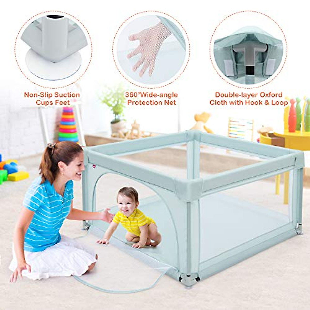 Costzon Baby Playpen, Extra Large Playard for Babies w/ 50 Ocean Balls, Infant Safety Gates with & Anti-Slip Suckers, Children's Fences with Breathable Mesh Walls, Toddler Play Yard (Blue)