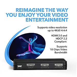 OREI 4K HDMI Splitter 1 in 2 out Mirror only with auto downscaling, Advanced EDID management & 3D support (UHD-PRO102)