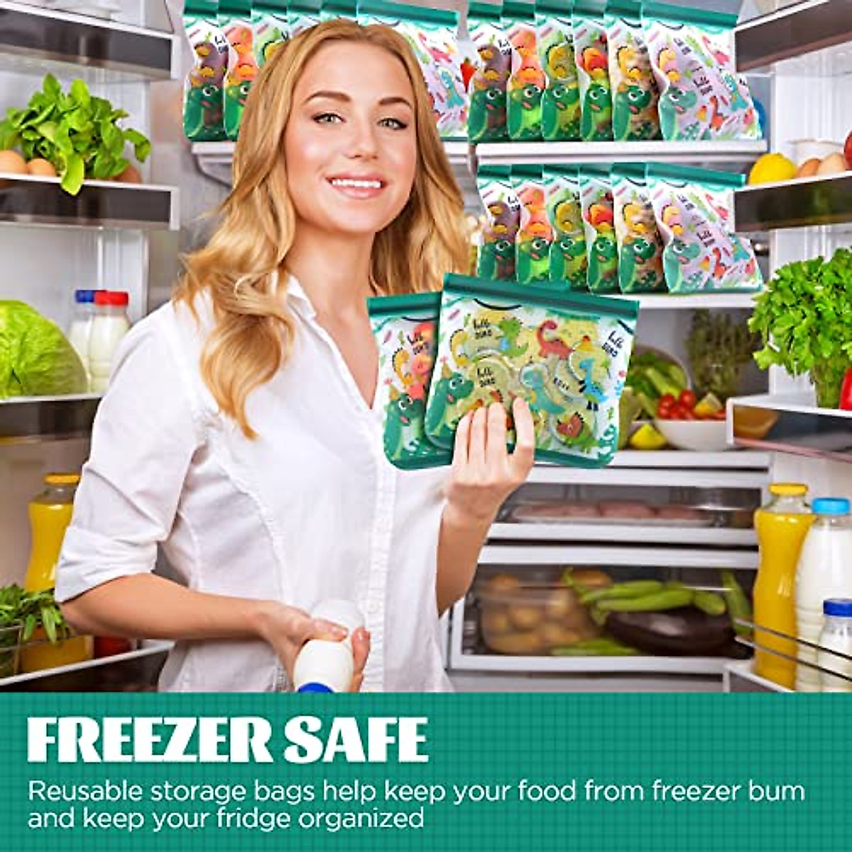 Rumia 12 Pack Reusable Food Storage Bags Dinosaur Silicone Sandwich Bags Snack Bags Leakproof Freezer Bags with Zipper Travel/Home Organization Waterproof Reusable Food Storage Bag