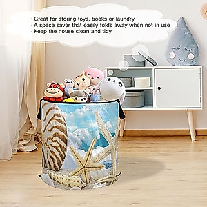 pnyoin 50L Large Popup Laundry Hamper Round with Zipper Lid Reinforced Handles Portable Collapsible Basket for Kids Room College Dorm Travel, Sunny Sky with Starfish