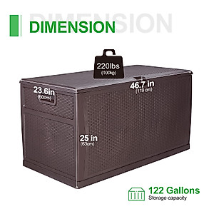 JOMEED Storage Box 122 Gallon Large Deck Box Outdoor Indoor Resin Storage Box Waterproof for Patio Furniture, Pool Toys, Garden Tools (Brown)