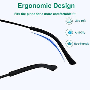 Junsika Eyeglass Temple End Tips Soft Silicone Anti Slip Eyeglass Replacement Temples for Flat Thin Eyeglass Legs 8 Pairs Black