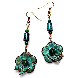 Elaine Coyne Wearable Art Verdigris Patina Brass Asian Delight Butterfly on Flower Dangle Earrings - Chrysocolla