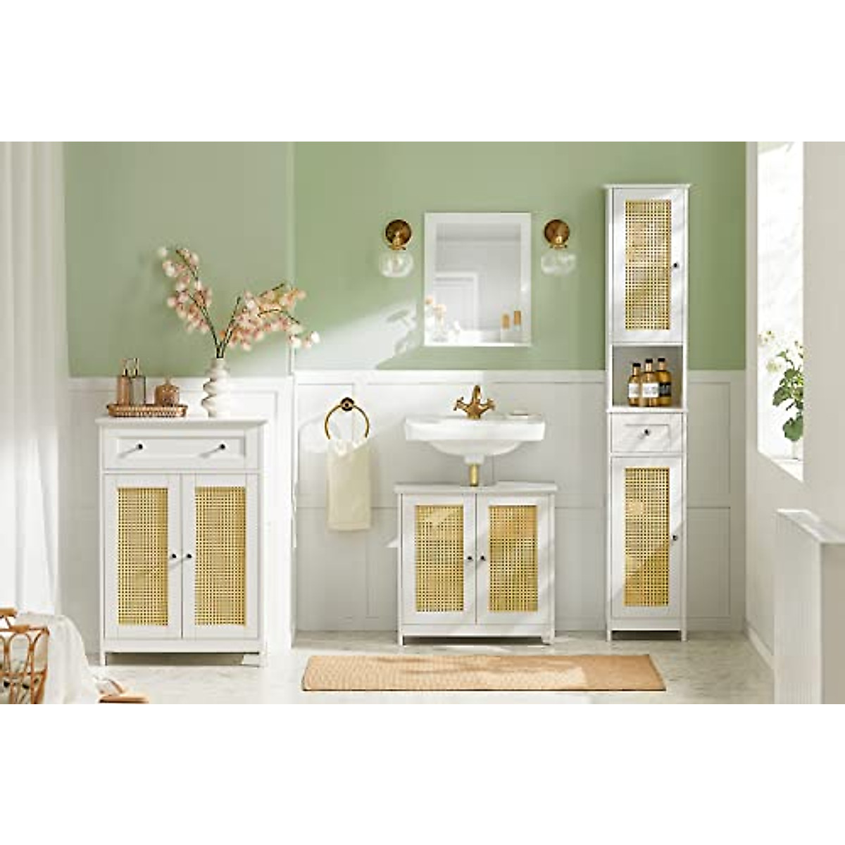 Haotian BZR70-W, White Tall Bathroom Cabinet with Rattan Door, Drawer and Storage Compartment, Linen Tower Bath Cabinet, Cabinet with Shelf