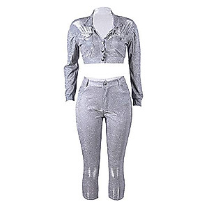 MS Mouse Womens Long Sleeve Jackets and Capris Set Sequin Two Piece Outfits L Silver