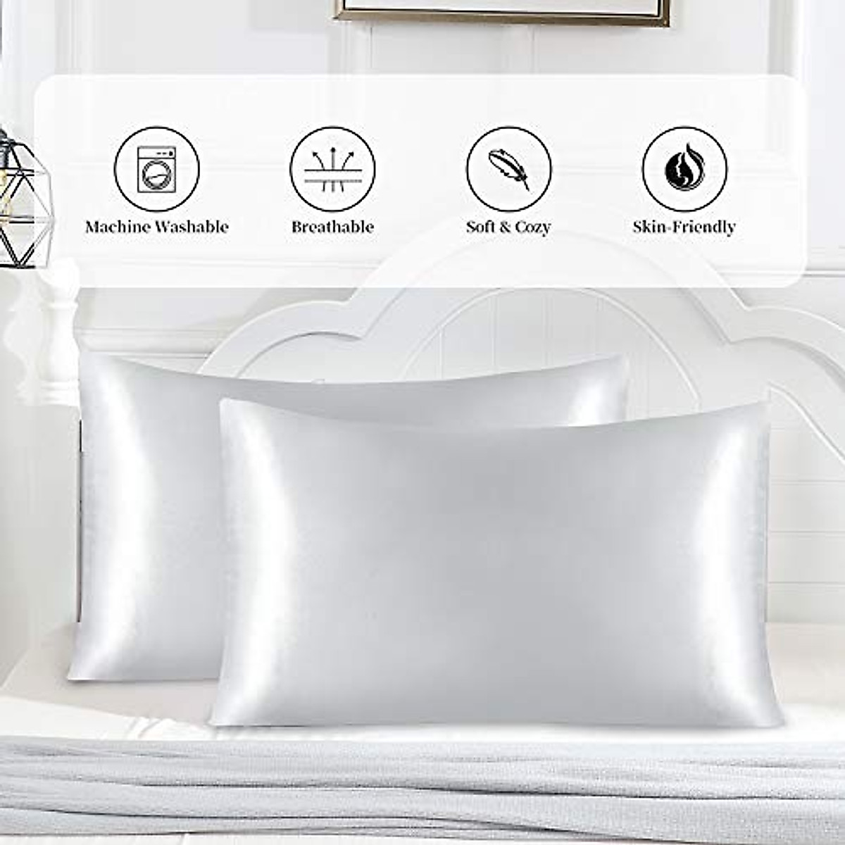 yourose Satin Pillowcase for Hair and Skin, 2 Pack Standard Size Silky Pillowcases with Envelop Closure, (Silver, 20”X26”,2pcs)