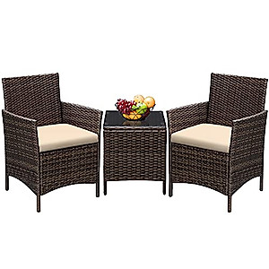 Greesum 3 Pieces Patio Furniture PE Rattan Wicker Chair Conversation Set, Brown and Beige