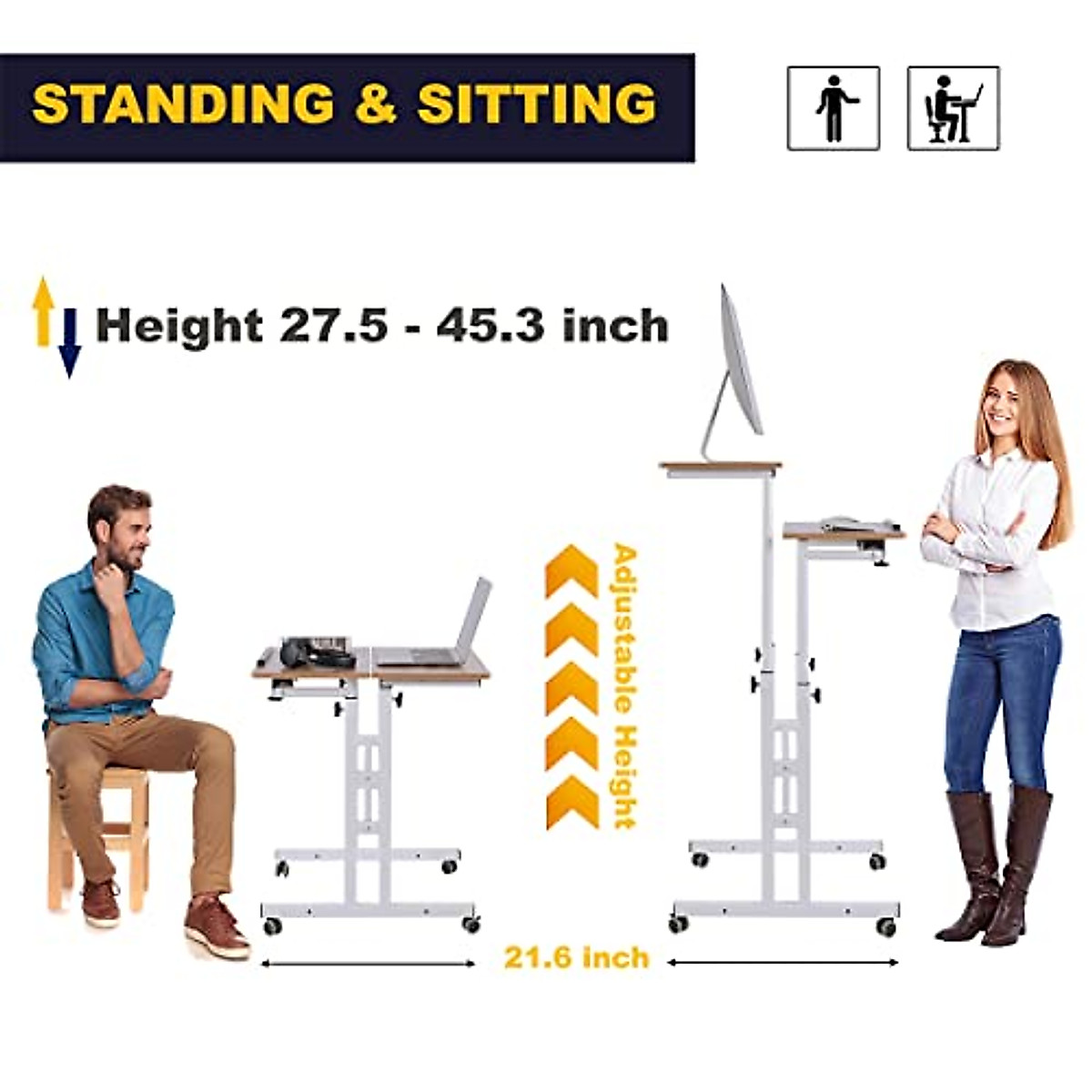 AIZ Mobile Computer Desk with Rolling Wheels for Home Office Workstation, Portable Laptop Tall Table for Standing or Sitting, Adults or Children,Oak