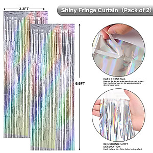 RUBFAC Rainbow Birthday Decorations, Colorful Balloon Garland Arch Kit, Happy Birthday Banner, Shiny Silver Fringe Curtain, Heart Foil Balloons, Hanging Swirls, Baby Shower Birthday Party Supplies