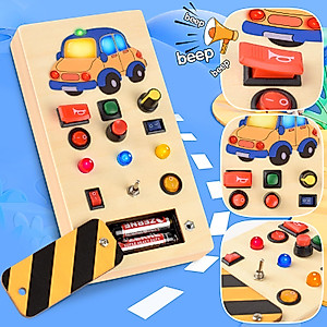 POLKRANE Busy Board with LED Light, Montessori Toys with Toggle Switch, Sensory Toys for Toddlers 1-3, Travel Toys for Educational Toddler Activities for 1 2 3 (MB-CAR)