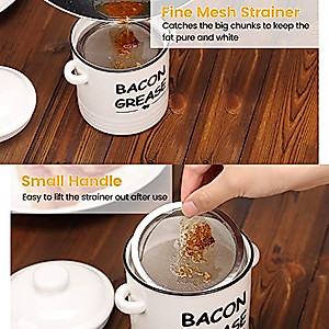 Ceramic Bacon Grease Container with Strainer - 600ml / 20oz Farmhouse Bacon Grease Keeper with Easy-Grip Handle, Bacon Fat Can for Grease Drippings and Storage - Creamy-white