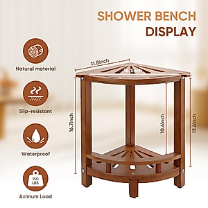 Corner Shower Stool 12in shower Seat for Inside Shower Bamboo Shower Stool for Shaving Legs Waterproof Bath Bench Seat with Storage Shelf Bamboo Shower Foot Rest for Small Shower Spaces Bath Seat