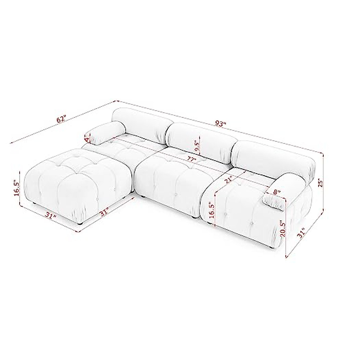 ERYE DIY Combination w/3 Single Seats and Movable Ottoman, Modern Convertible Modular Sofa & Couch Cloud Deep Seater Sofá, 93", Green Velvet Button Tufted