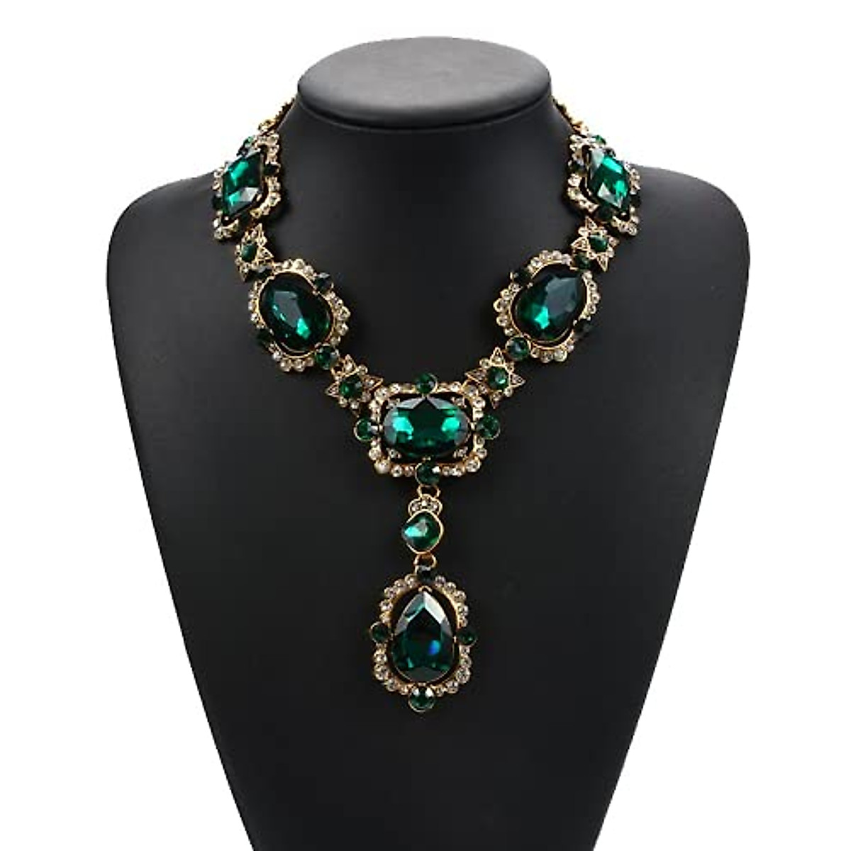 Secret for Longevity Extra Large Victorian Art Deco Antique Retro Vintage Style Gold Tone Dark Green Hunter Emerald Rhinestone Chunky Statement Wedding Bridal Prom Drag Queen Pageant Necklace