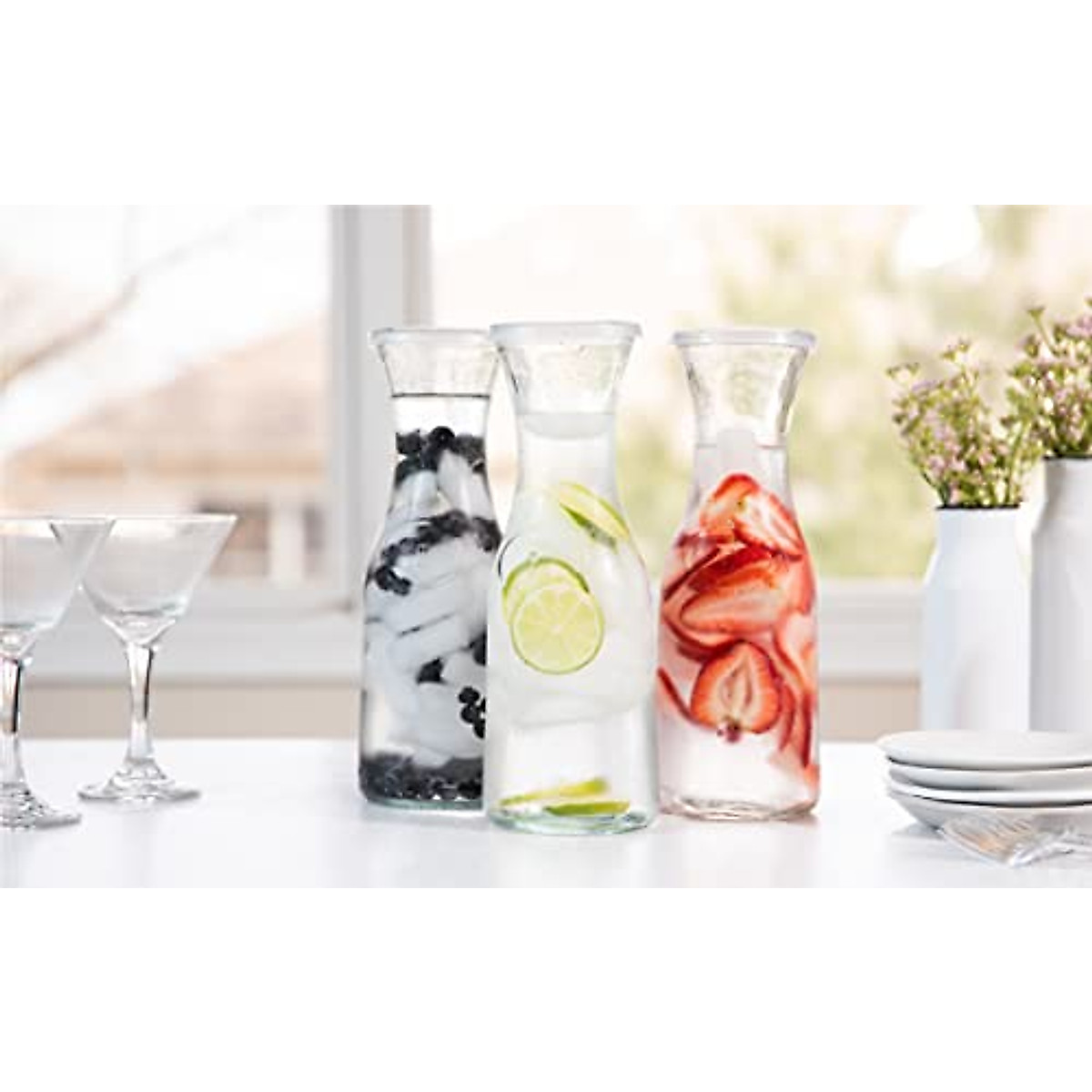 Kook Glass Carafe Pitchers, Beverage Dispensers, Clear Jugs For Mimosa Bar, Water, Wine, Milk and Juice, with Plastic Lids, Dishwasher Safe, 35 oz, Set of 3