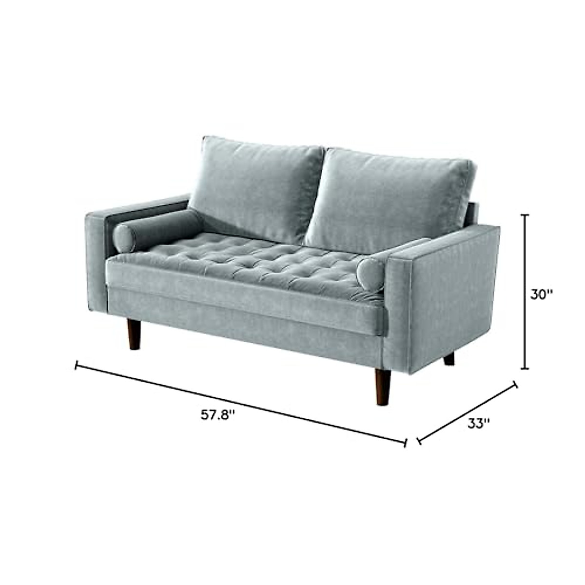 Container Furniture Direct Womble 58 Inch Velvet Loveseat Sofa with Elegant Button Tufted Upholstery, Square Arms, Splayed Wood Legs, Includes Matching Bolster Pillows, Steel Blue
