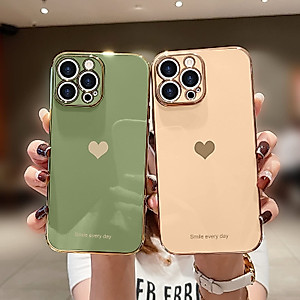 Teageo for iPhone 13 Pro Max Case for Women Girl Cute Love Heart Luxury Plating Soft Bling Back Cover Raised Camera Protection Bumper Silicone Shockproof Phone Case for iPhone 13 Pro Max, Light Green