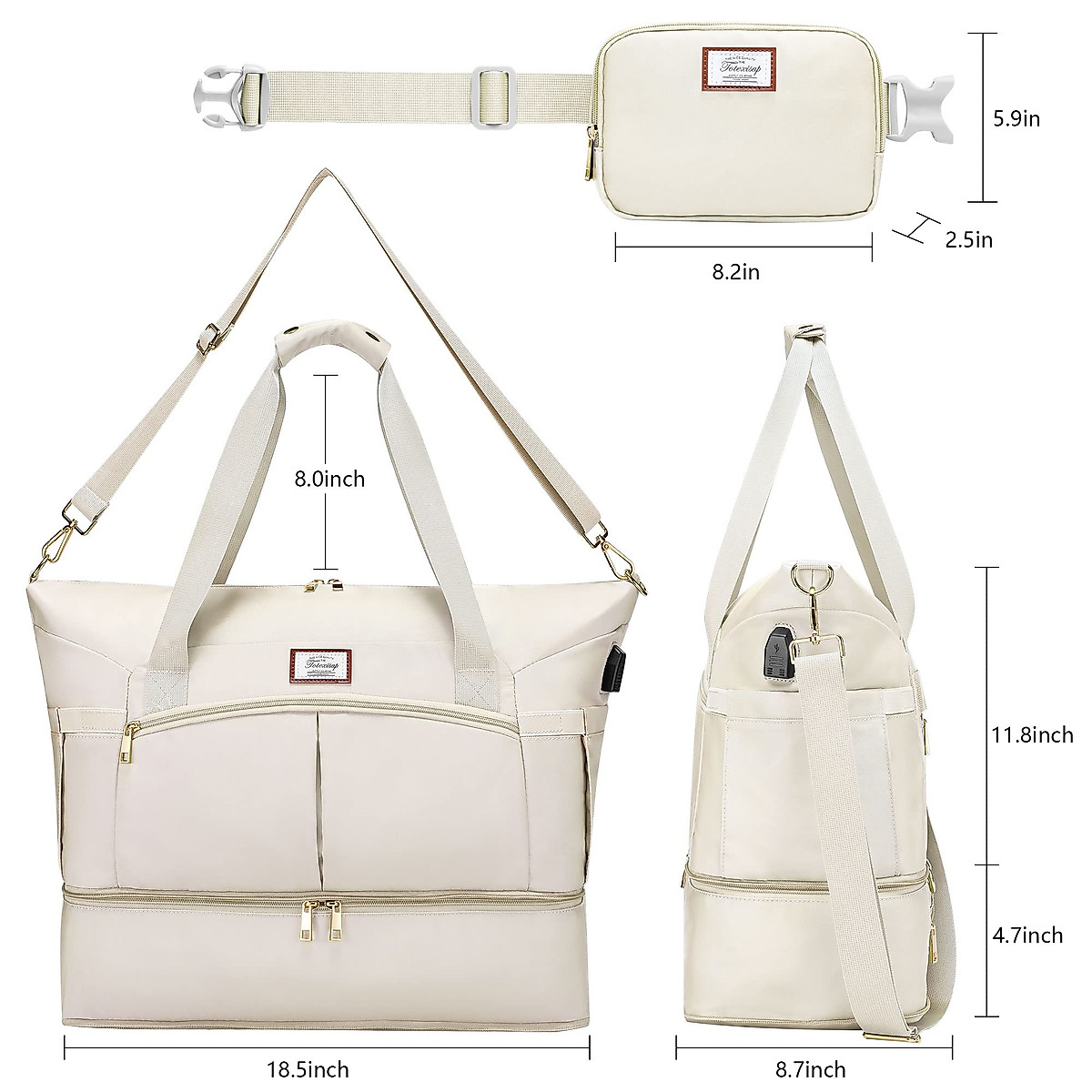 Travel Bags for Women, Sports Gym Duffle Bag with Foldable Shoe Compartment, Large Weekender Overnight Bag with Wet Pocket and USB Charging Port for Women Traveling, Gym Tote, Yoga (Beige)