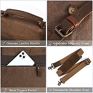 Messenger Bag for Men 15.6 Inch Waterproof Large Satchel Bag Vintage Genuine Leather Waxed Canvas Laptop Briefcase Rugged Leather Computer Shoulder Work Bag Brown