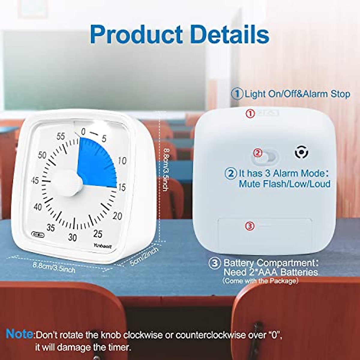 Yunbaoit Visual Timer with Night Light, 60-Minute Countdown Timer for Kids and Adults, Silent Classroom Timer, Time Management Tool for Home, School, or Work (Light White)