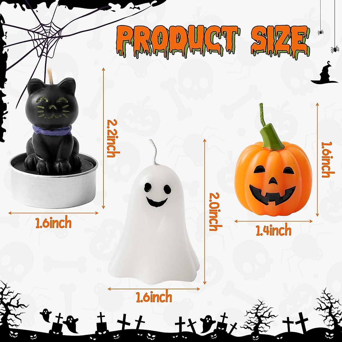 CNhoqc 12pcs Halloween Pumpkin Ghost Black Cat Mini Candles, Scented Ghost Black Cat Shaped Decorative Candles, Cute Wax Mini Candles Tabletop Decoration for Autumn Halloween Party Favor Supplies