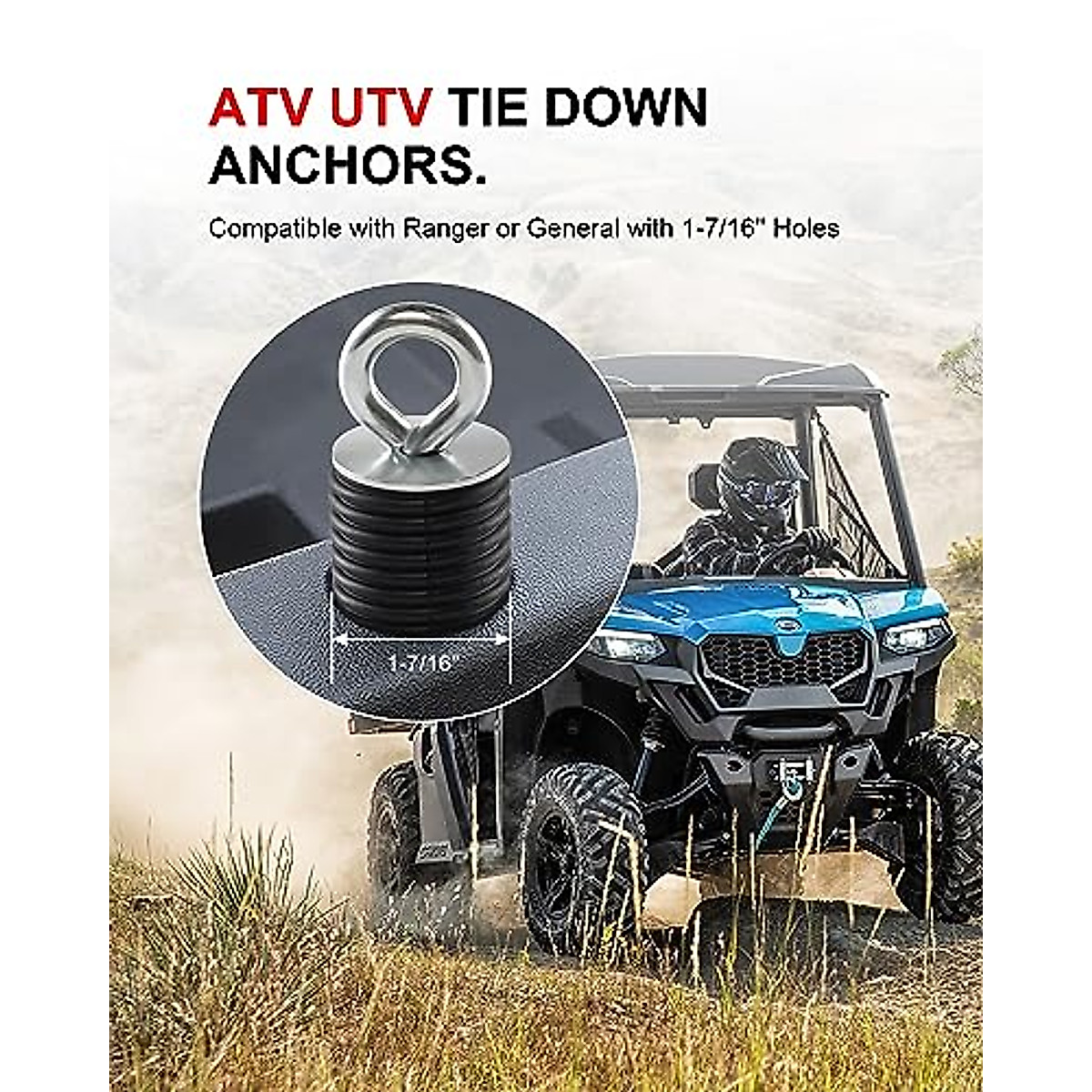 DAYDOOR ATV Anchors, General Tie Down Anchor, UTV Lock and Ride 2" Bed Anchor Compatible with Polaris Ranger 1000 XP 900 XP 800 700 500 570 with 1-7/16" Hole (6 Pcs,Black)