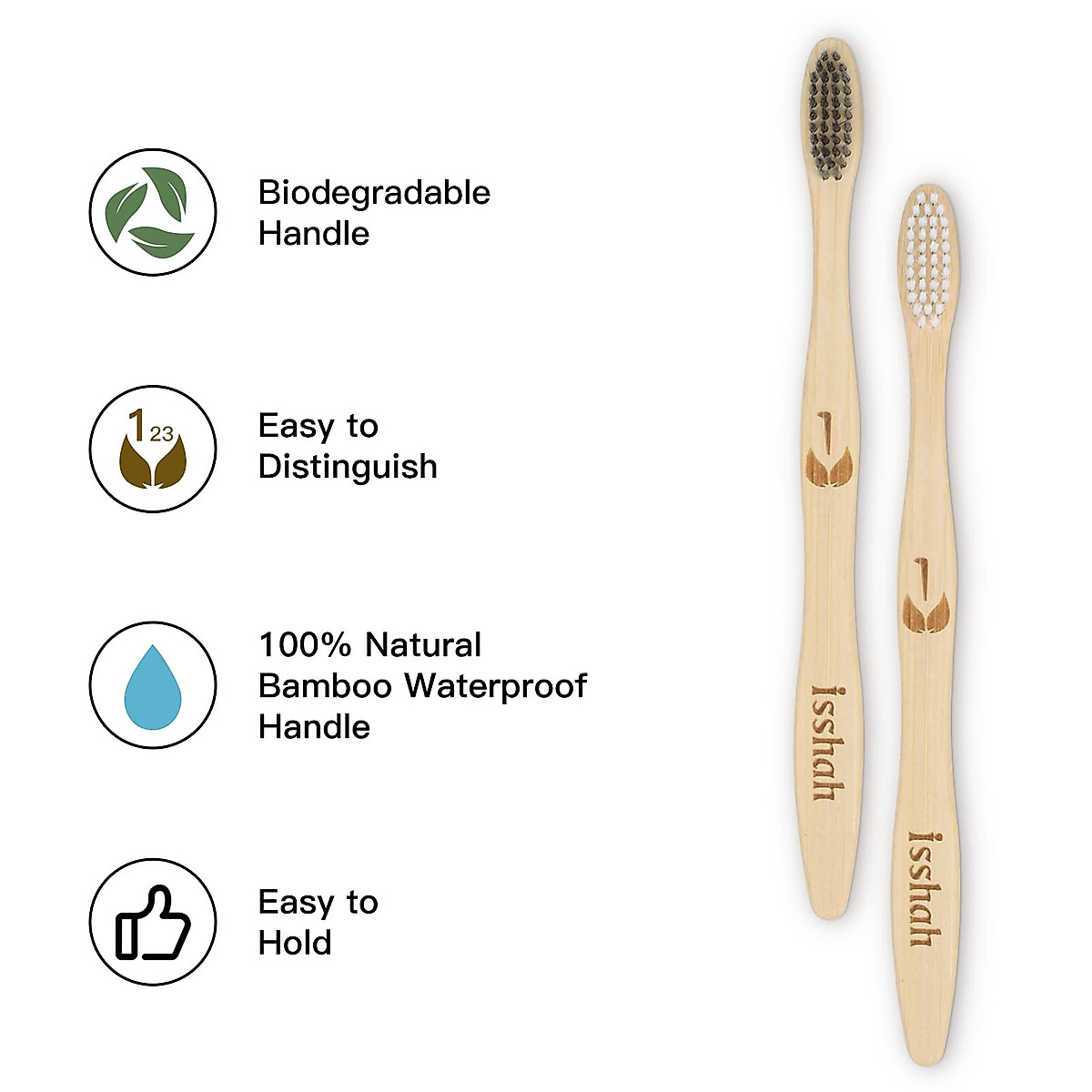 Isshah Biodegradable Eco-Friendly Natural Bamboo Charcoal Toothbrushes, FSC Certified and PETA Approved - 12 Count