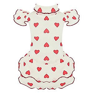 Dog Ruffle Dress Double-Deck Tutu Outfit Skirt with Red Heart Pattern for Small Medium Girl Dogs Christmas Holiday Party (White, S)