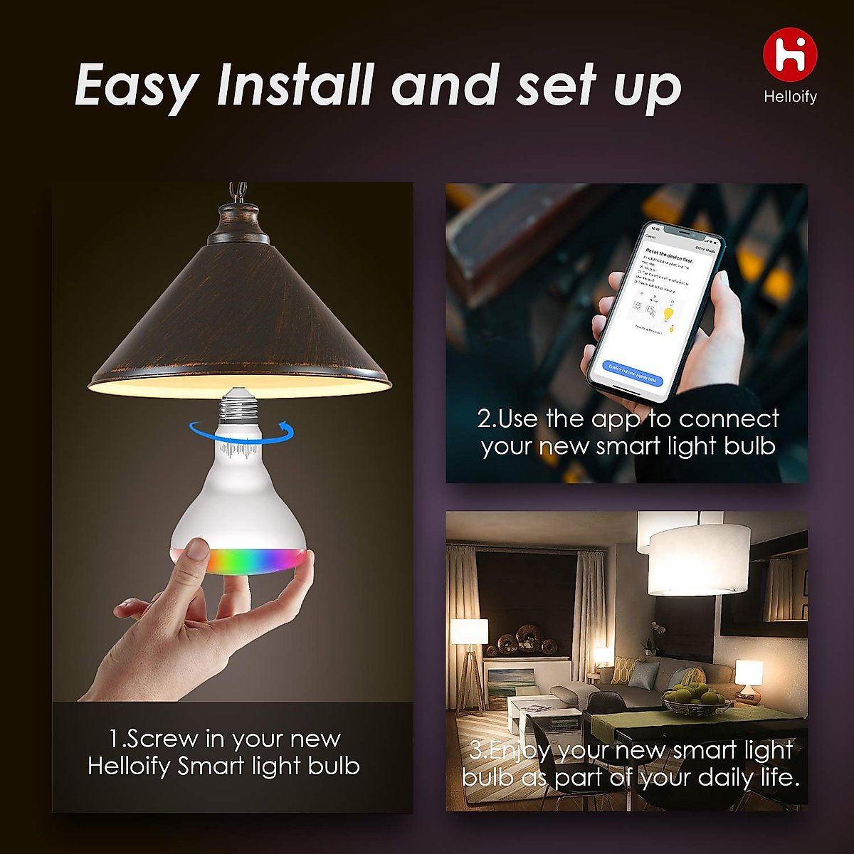 helloify BR30 Smart WiFi LED Light Bulbs, RGBCW Multi-Color Changing, Warm to Cool White Dimmable, Work with Alexa & Google Home (No Hub), 60W Equivalent E26, RGB+2700K-6500K, 2 Count