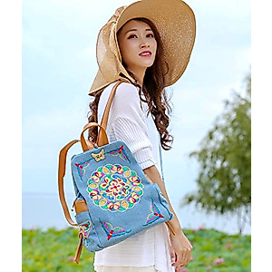 Jursccu Denim Embroidered Floral Canvas Backpacks for Women Anti theft Retro Jeans Travel Ethnic Style Shoulder Bag one-size