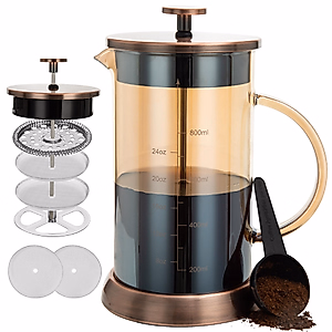 YMMIND 34 Ounce French Press Coffee Maker, 5-Cup Espresso Coffee Maker, Copper Cold Brew Heat Resistant Thickened Borosilicate Coffee Pot with 4 Stainless Steel Filter Screens