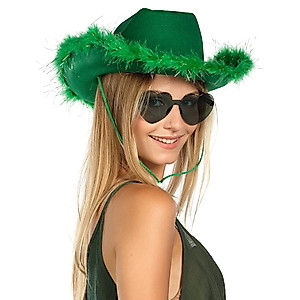 Funcredible Green Cowboy Hat and Glasses - Fluffy Cowgirl Hat with Star for Girls - Leprechaun Hat with Feathers - Leprechaun Costume - Halloween Accessories for Women