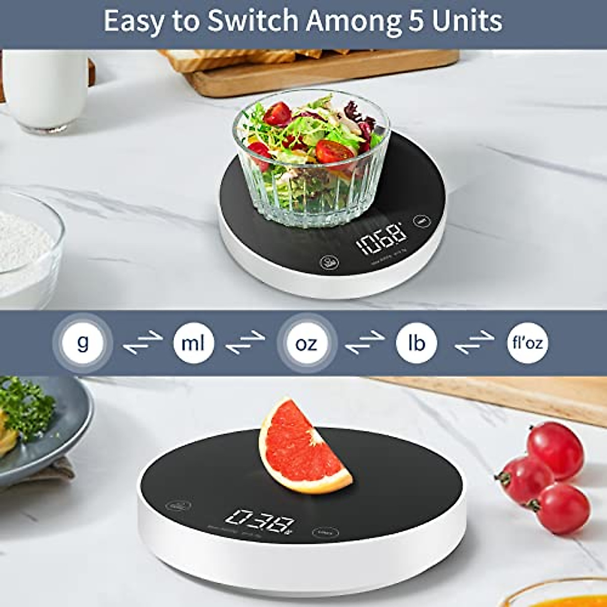 VOCOO Food Kitchen Scale Digital - 5KG/11lb Max Weight with 5 Units Grams Ounces Pounds, Clear LED Display and Tare Function, Food Scale for Cooking Baking Meat Weighing (White)