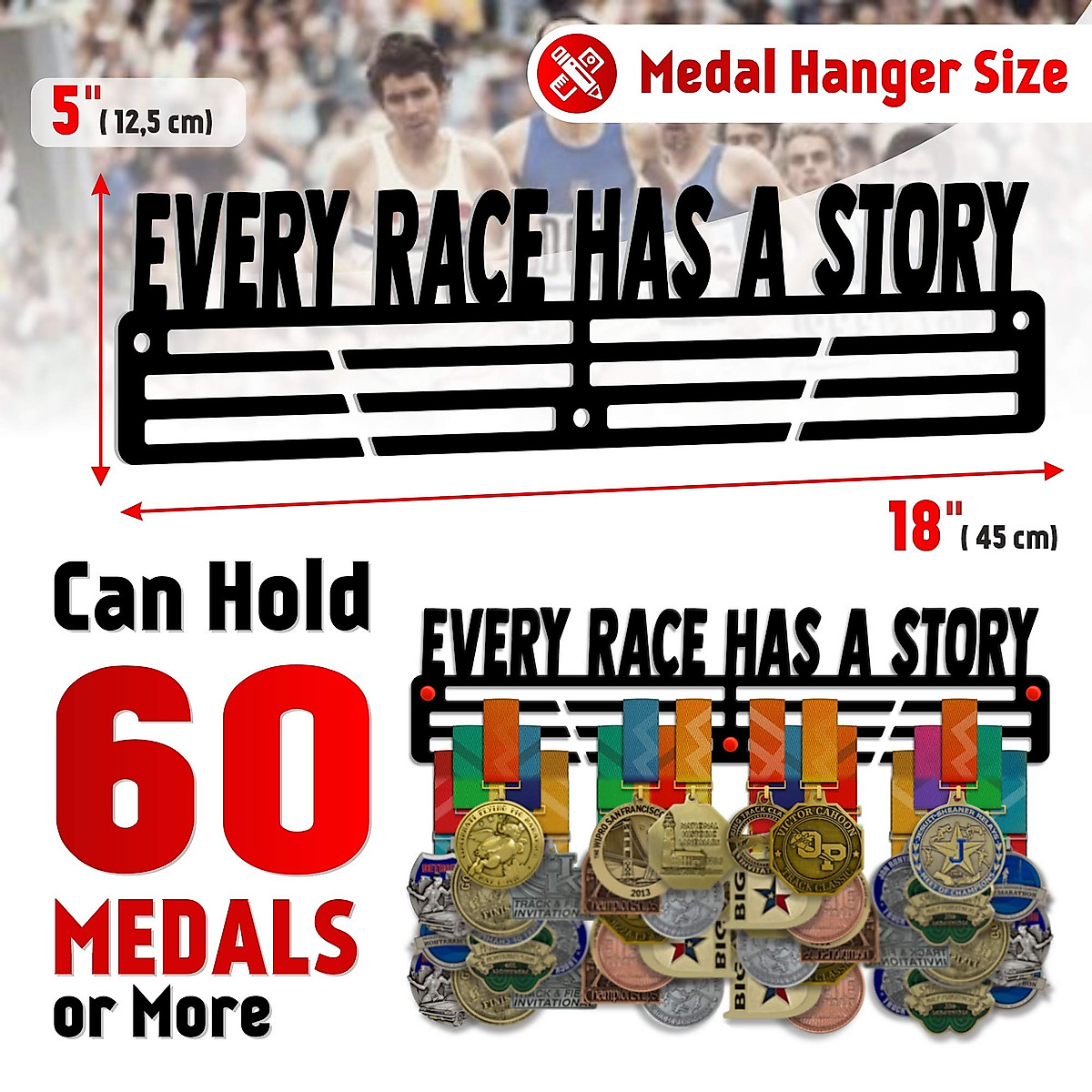 VICTORY HANGERS Evey Race Has a Story Medal Holder Display Rack - 3 Bars Black Coated 3 mm Steel Metal Hanger with Wall Mount Standoffs - 18 Inch Wide Holds 60 Medals or More