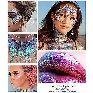 DAGEDA Body Glitter Gel, Face Glitter Body Gel Sequins Shimmer Liquid Eyeshadow, Chunky Glitter for Face Hair Nails, Holographic Cosmetic Laser Powder Festival Glitter Makeup 50ml(White)