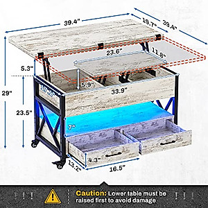 Itaar 40" Lift Top Coffee Table, 4 in 1 Coffee Tables with Storage for Living Room, Small Farmhouse Coffee Table with 2 Drawers & LED Light for Dining Reception Room, Rustic White