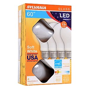 Sylvania 40275, Soft White 60 Watt Equivalent, A19 LED Light Bulbs, Dimmable, Energy Star Rated, Color 2700K, Made in The USA with US and Global Parts, 1 Pack, 4 Count